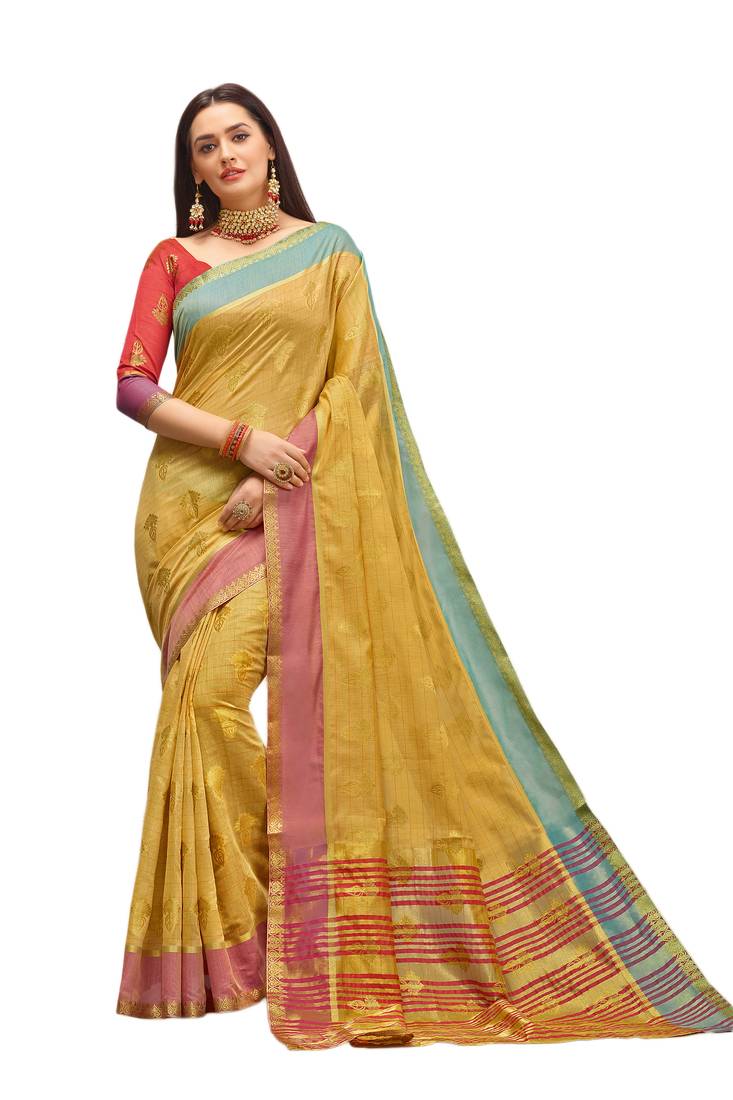 Light yellow woven cotton saree with blouse - Ankit Fashions - 3222685