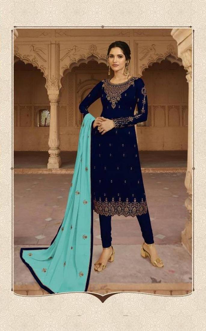 Royal-blue embroidered georgette salwar - SHEFALI VILLA - 3223476