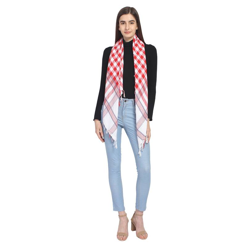Red & White Woven Checkered Viscose Rayon Square Scarf - Anekaant - 3223600