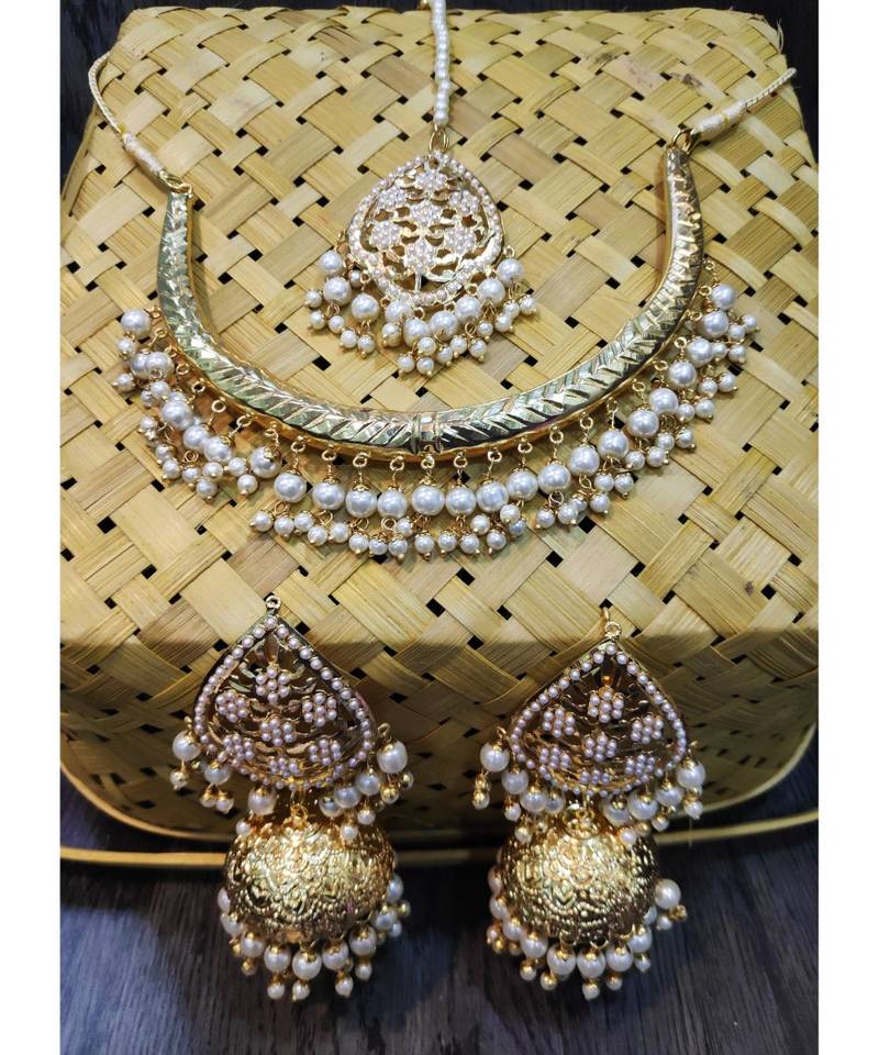 Hasli Style Pearl Gold Plated Collar Style Necklace Set - Elegant ...