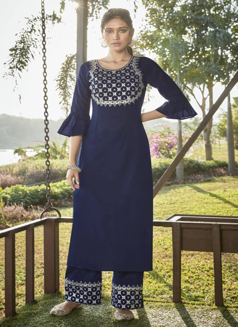 Royal-Blue Embroidered Cotton Silk Salwar - Monjolika - 3226606