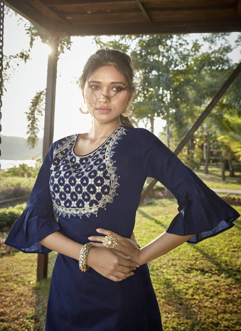Royal-Blue Embroidered Cotton Silk Salwar - Monjolika - 3226606