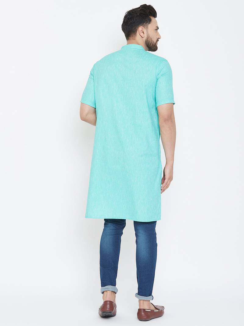 Turquoise plain pure linen men-kurtas - even - 3233100