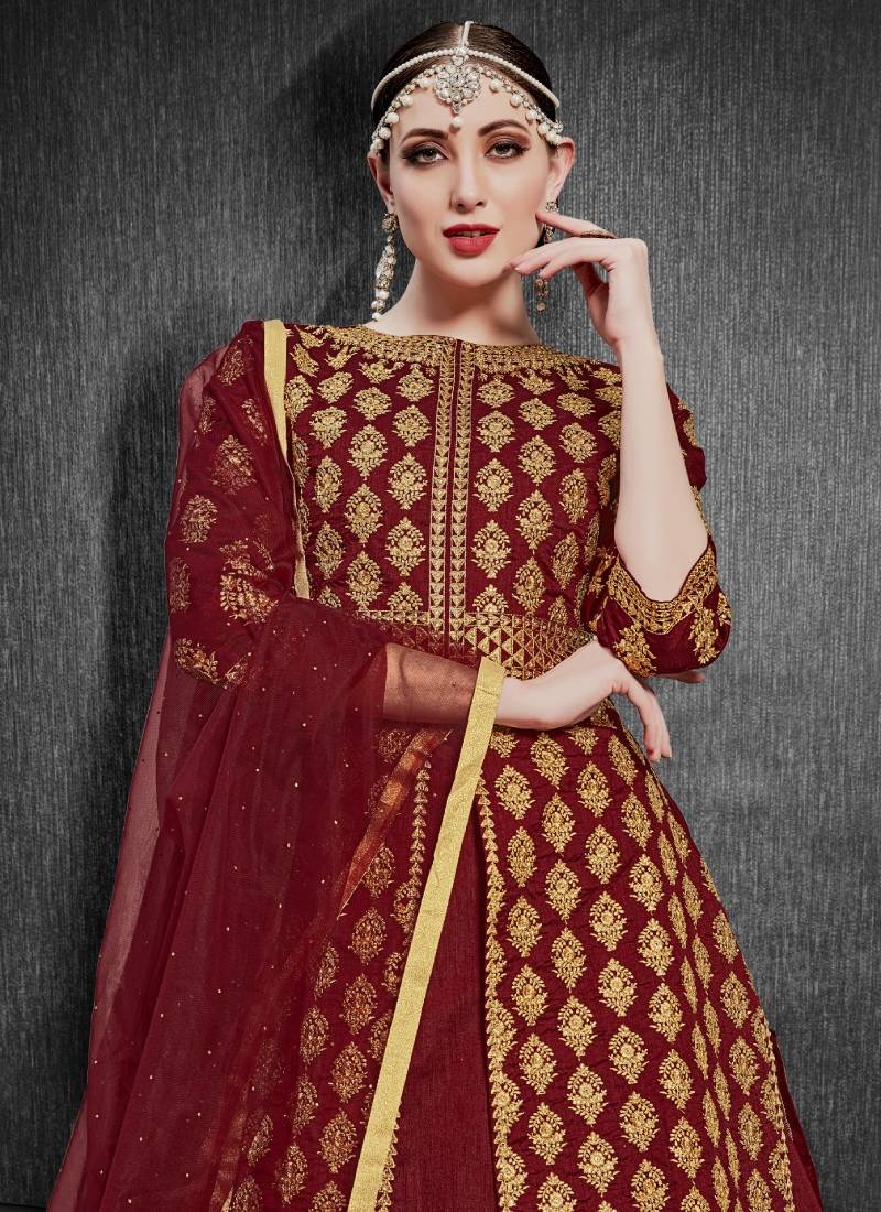Maroon Embroidered Silk Salwar - Monjolika - 3233160