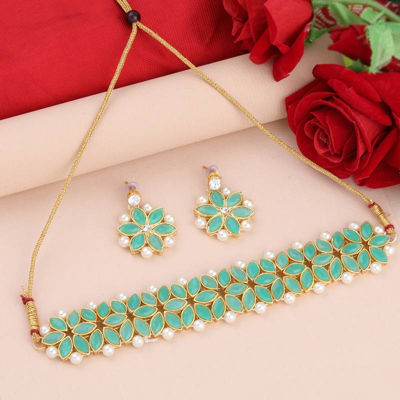 Gold Plated Exclusive Green Stone Choker Set For Girls And Women ...