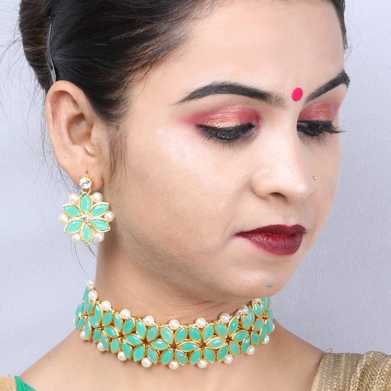 Gold Plated Exclusive Green Stone Choker Set For Girls And Women ...