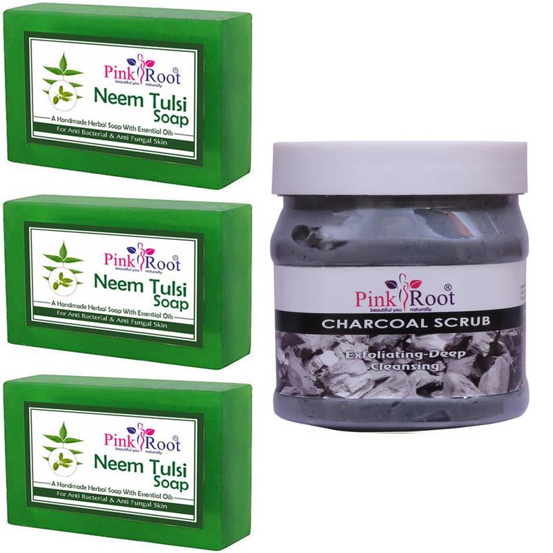 Pack Of 3 Neem Tulsi Soap With 500gm Charcoal Scrub By Pink Root - PINK ...