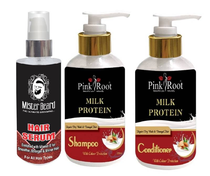 Milk Protein Shampoo, Conditioner With Mister Beard Hair Serum By Pink ...
