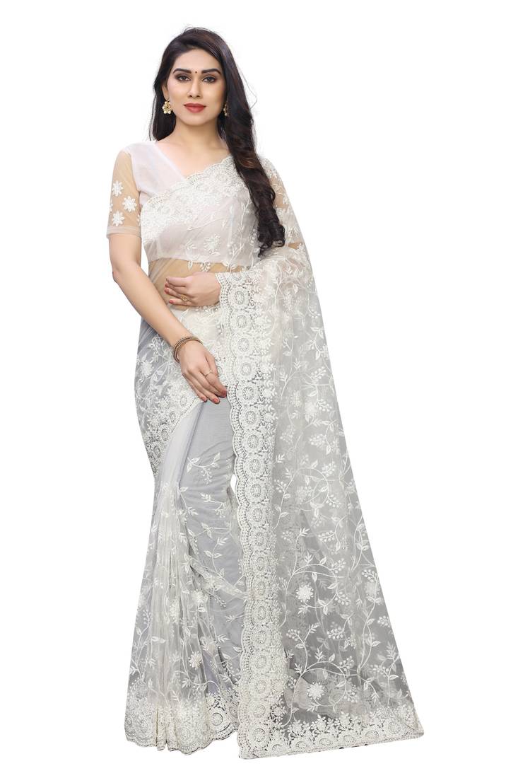 White embroidered net saree with blouse - Samvegi Creation - 3258536