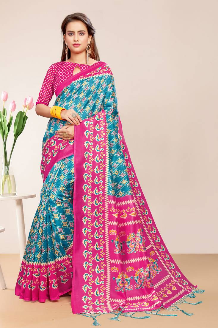 Firozi and Pink Art Silk Checkered Saree with Blouse Piece - DIVAASTHA ...