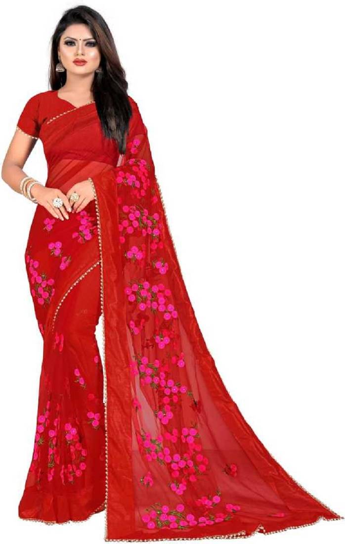 Red embroidered net saree with blouse - JH Fashion - 3263500