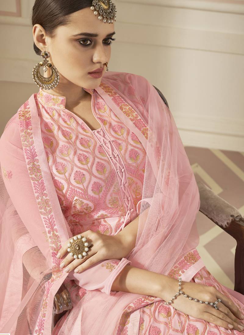 Baby Pink Georgette Anarkali Salwar Kameez - Vasu Sarees - 3263610