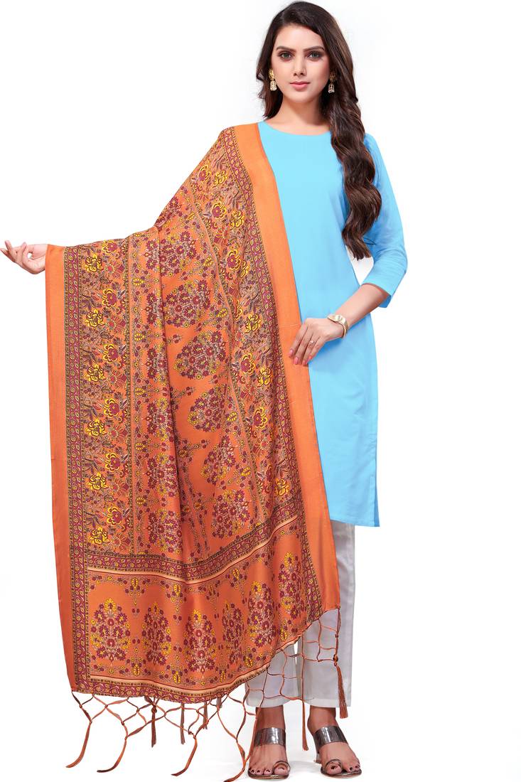 Coral Color Pashmin Silk Printed Dupatta - Shangrila Designer - 3263773