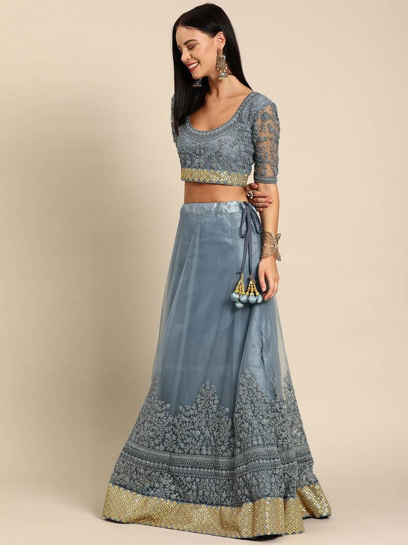 Grey embroidered Net unstitched ghagra choli - Shaily - 3265011