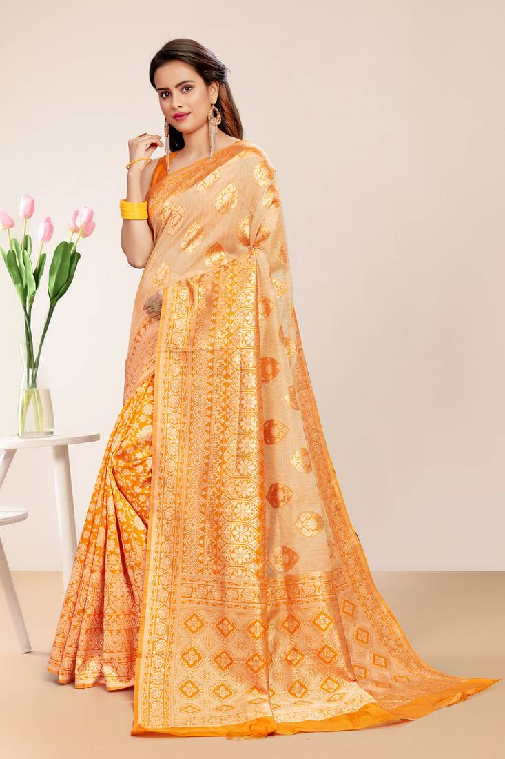 Light Yellow Cotton Floral Print Saree with Blouse Piece - DIVAASTHA ...