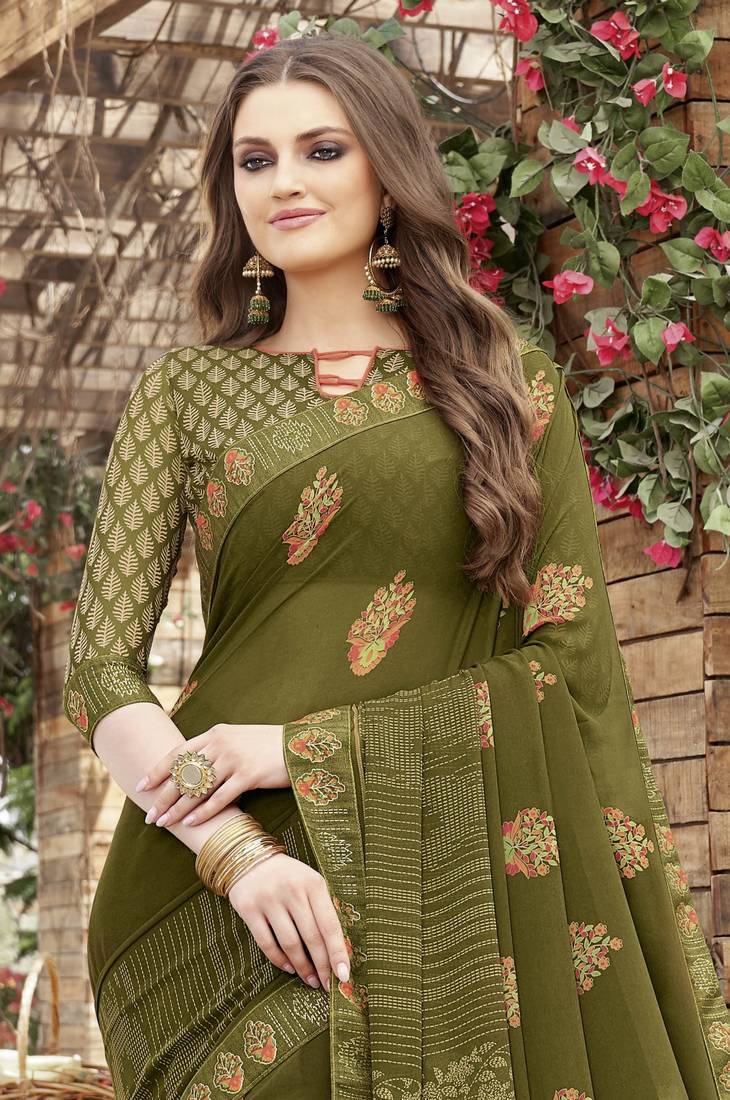 Mehendi printed georgette saree with blouse - Triveni - 3267250