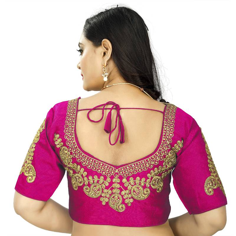 Pink Women Floral Round Neck Back Dori Phantom Silk Gold Diamond ...