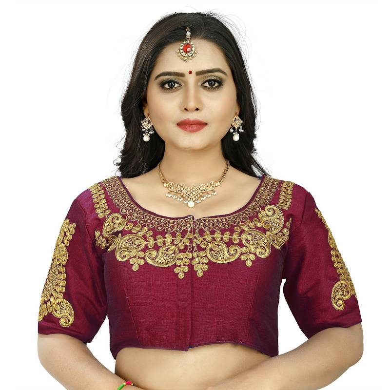 Maroon Women Floral Round Neck Back Dori Phantom Silk Gold Diamond ...