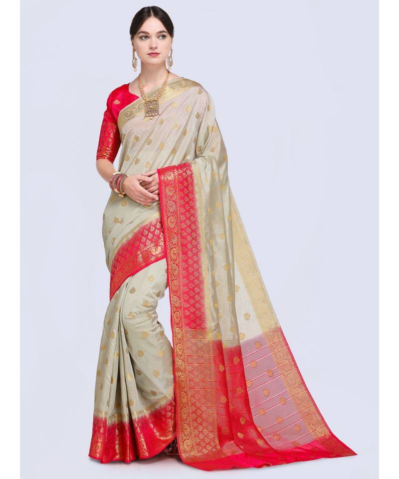 Beige woven Silk Blend saree with blouse - Sareemall - 3275367