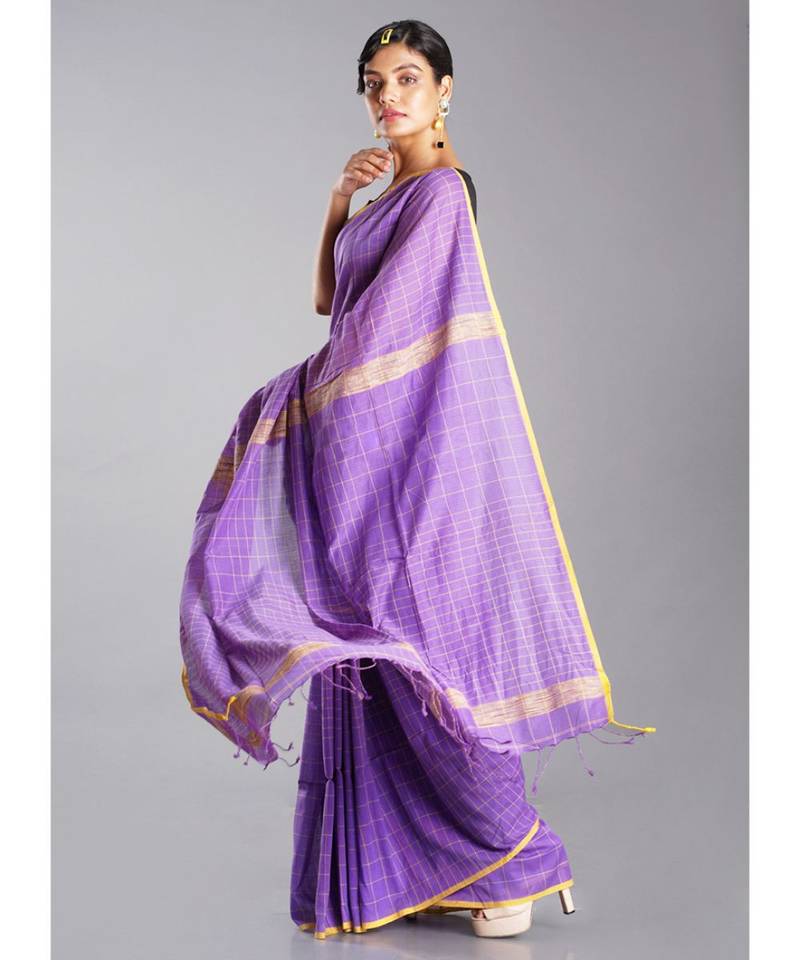 purple cotton handloom saree with checks - BOVEEE - 3279141