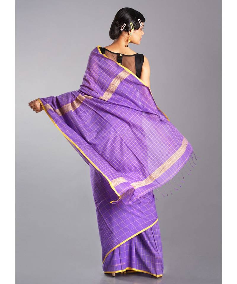 purple cotton handloom saree with checks - BOVEEE - 3279141