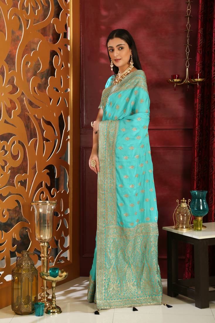 Turquoise Full embroidered With Stone work silk saree - MEGHALYA - 3281785