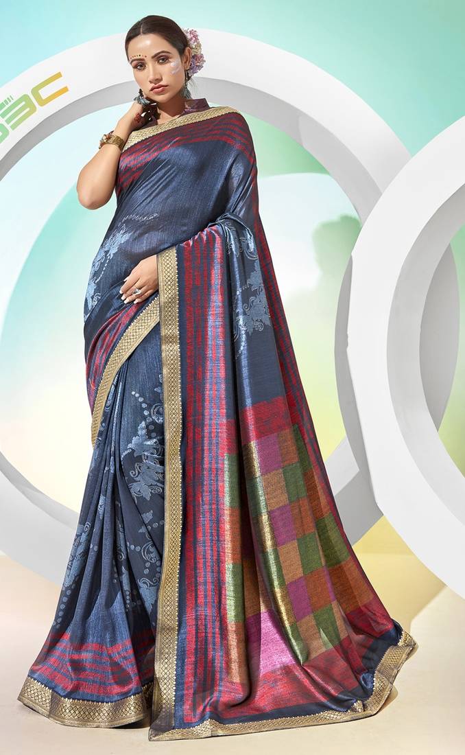 Blue printed chanderi silk saree with blouse - Triveni - 3282446