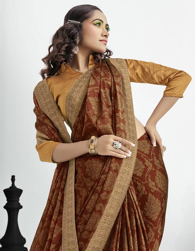 Rust printed chiffon saree with blouse - Triveni - 3282585