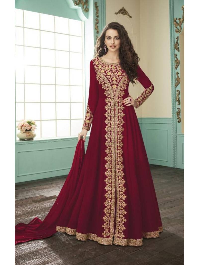 Magenta embroidered georgette salwar - Durga Emporio - 3284379