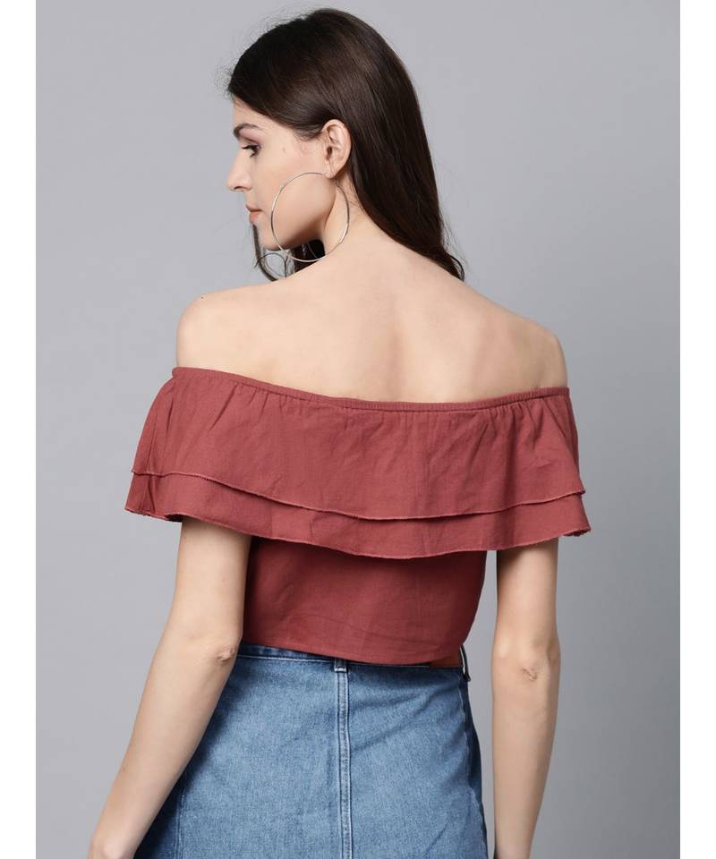 Burgundy Off Shoulder Layer Crop Top - SASSAFRAS - 3286209