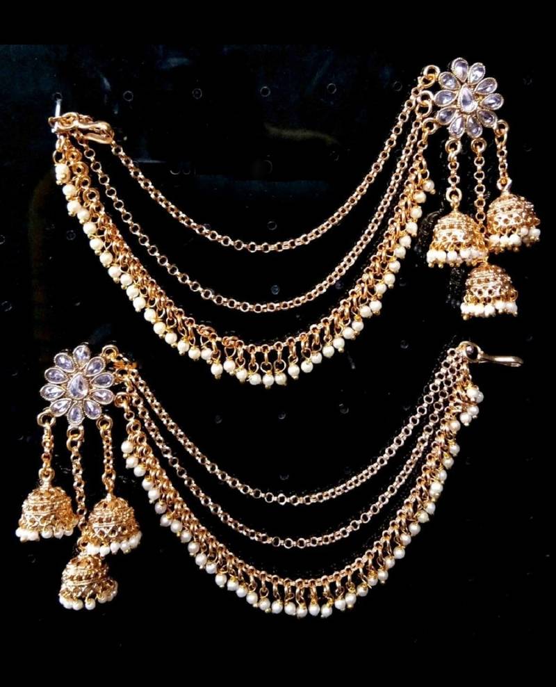 Gold agate danglers-drops with kaan chain - Runjhun Jewellery - 3289565