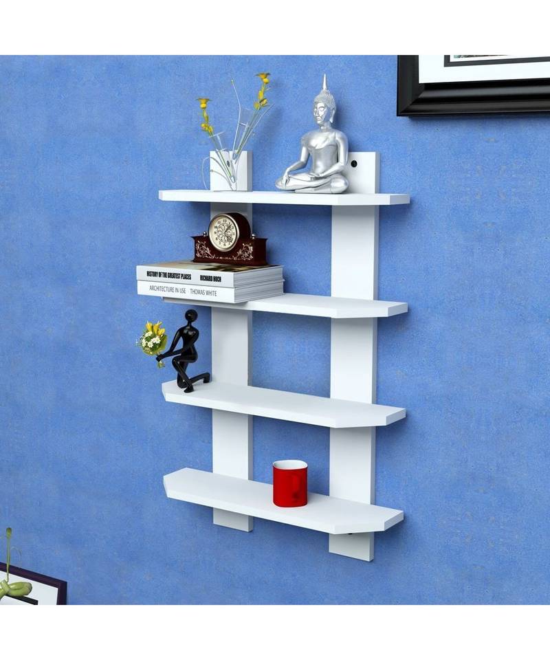 white MDF white Laminated Ladder Shape 4 Tier Designer Wall Rack Shelf ...