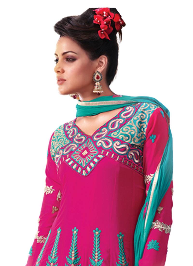 Magenta Embroidered Georgette semi stitched salwar with dupatta ...