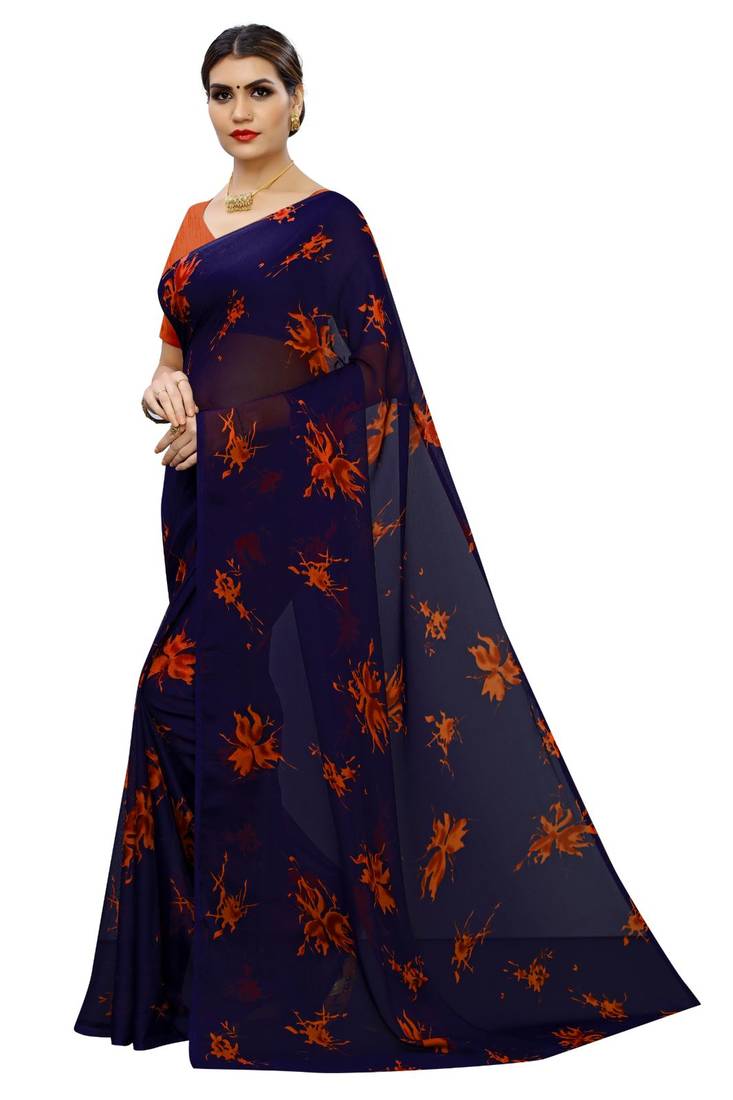 Swara Enterprise Dark Blue Poly Georgette Floral Print Saree with ...