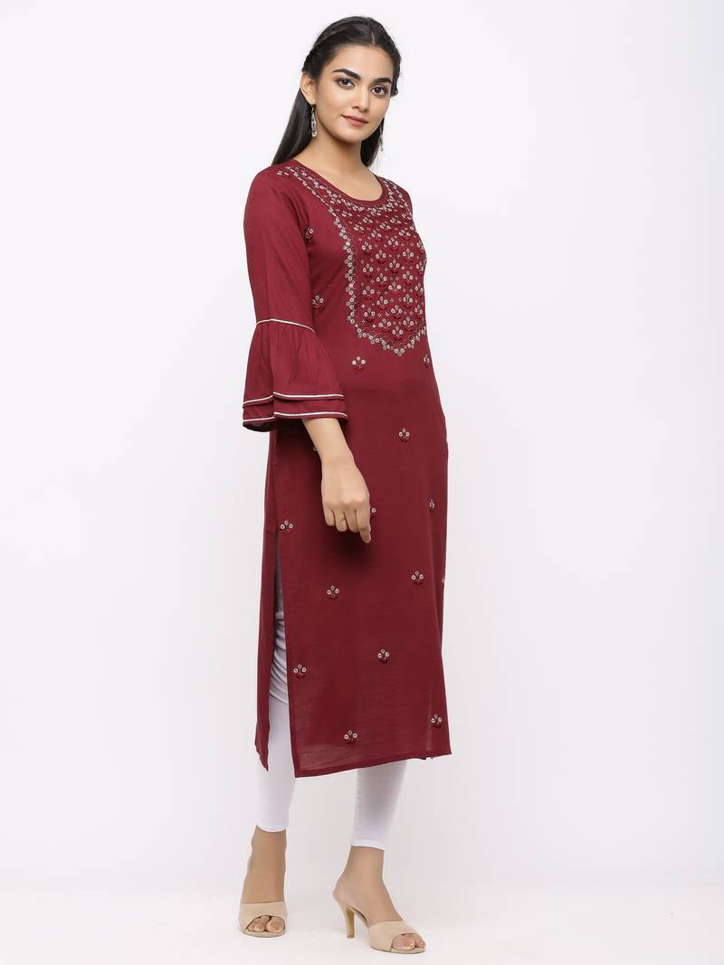 Women's Wine Rayon Slub Embroidered Straight Kurta - CHARU - 3296502