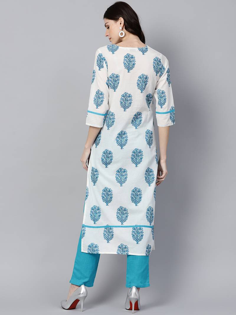 White printed Cotton stitched kurta sets - Jaipur Kurti - 3297117