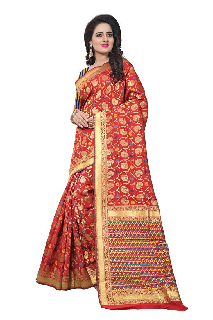 Rust woven banarasi brocade saree with blouse - KAD CREATIONS - 3298668