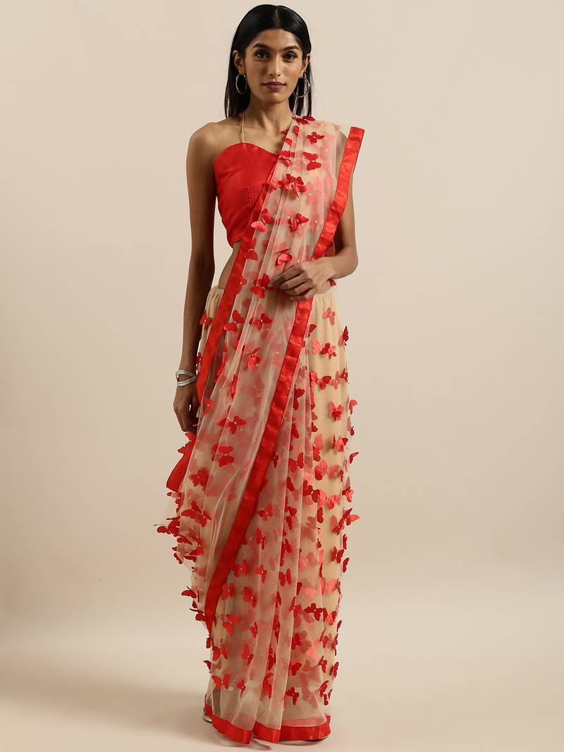 Red woven Net saree with blouse - Shavya - 3298866