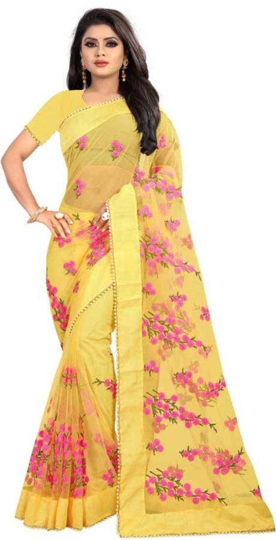 Gold Women's Net Designer Embroidery Saree With blouse - Indian Trade ...