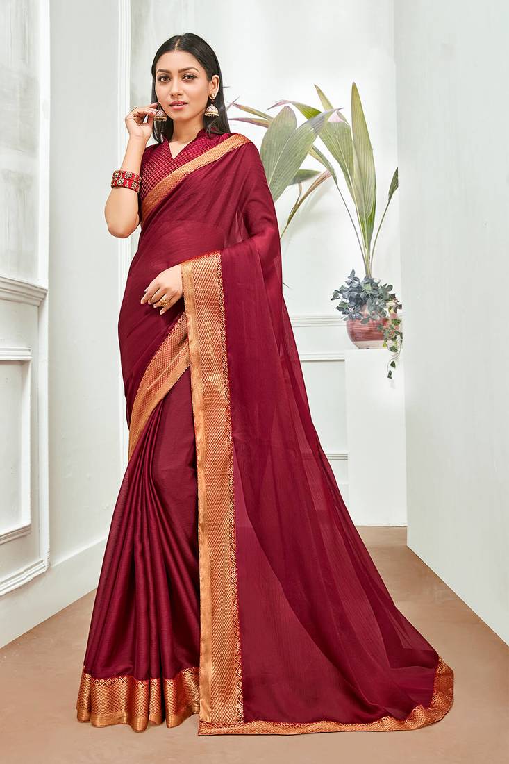 Maroon plain pure chiffon saree with blouse - DIVAASTHA - 3301709