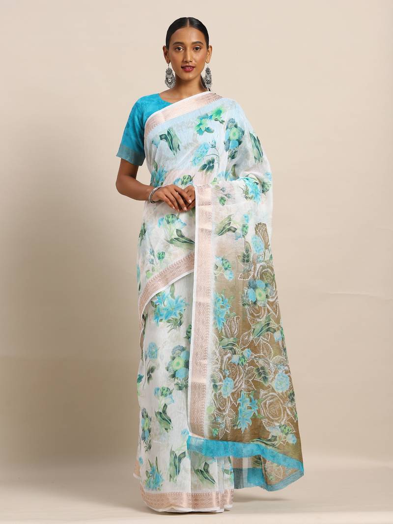 Off White & Grey Color Cotton Digital Print saree with blouse - kvsfab ...