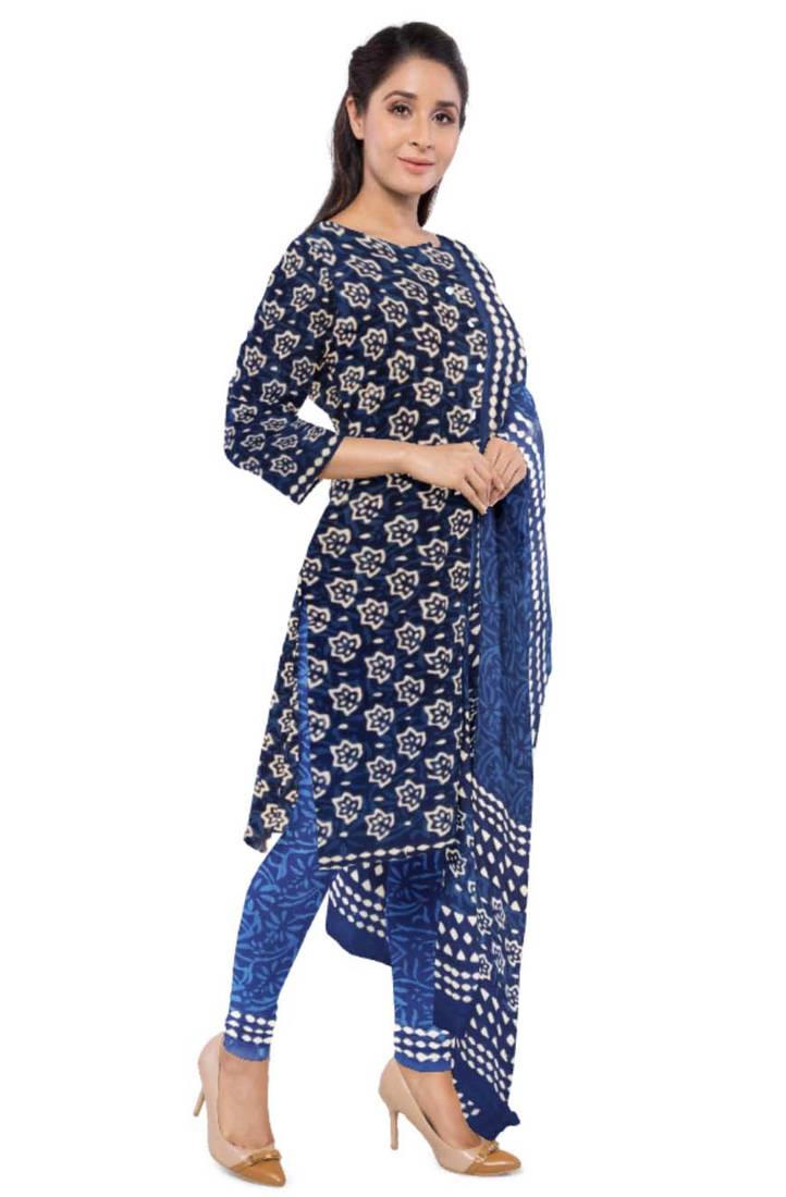Indigo Blue Hand Block Printed Unstitched Cotton Suit Set With Cotton