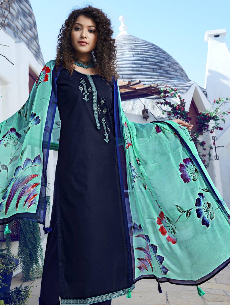 Dark-blue embroidered silk salwar - Lilots - 3304510