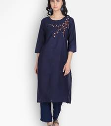 Navy blue cotton embroidered kurti with pant - Venika Creations - 3312497
