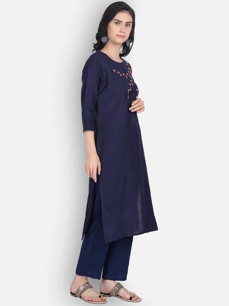 Navy blue cotton embroidered kurti with pant - Venika Creations - 3312497