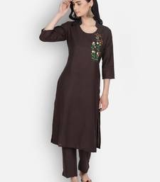 Brown cotton embroidered kurti with pant - Venika Creations - 3312501