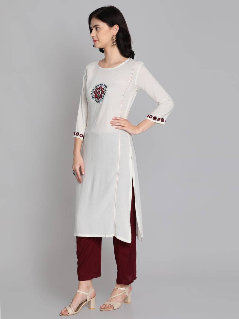 White rayon embroidered kurti with plazzo - Venika Creations - 3312513