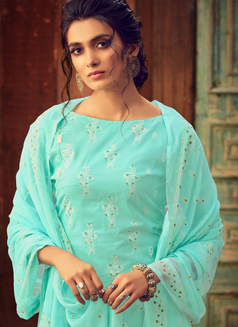 Sky Blue Designer Cotton Salwar Kameez - Vasu Sarees - 3312587