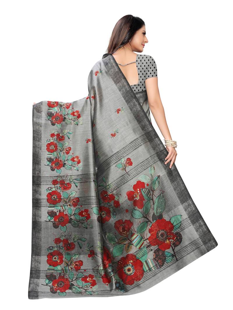 Silver printed poly silk saree with blouse - Satrani Fashion - 3312778