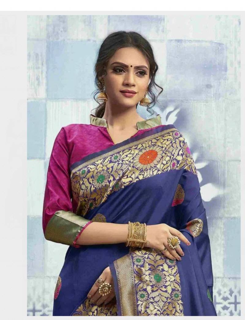 Blue Woven Jacquard Saree With Blouse - VSAREE - 3315046